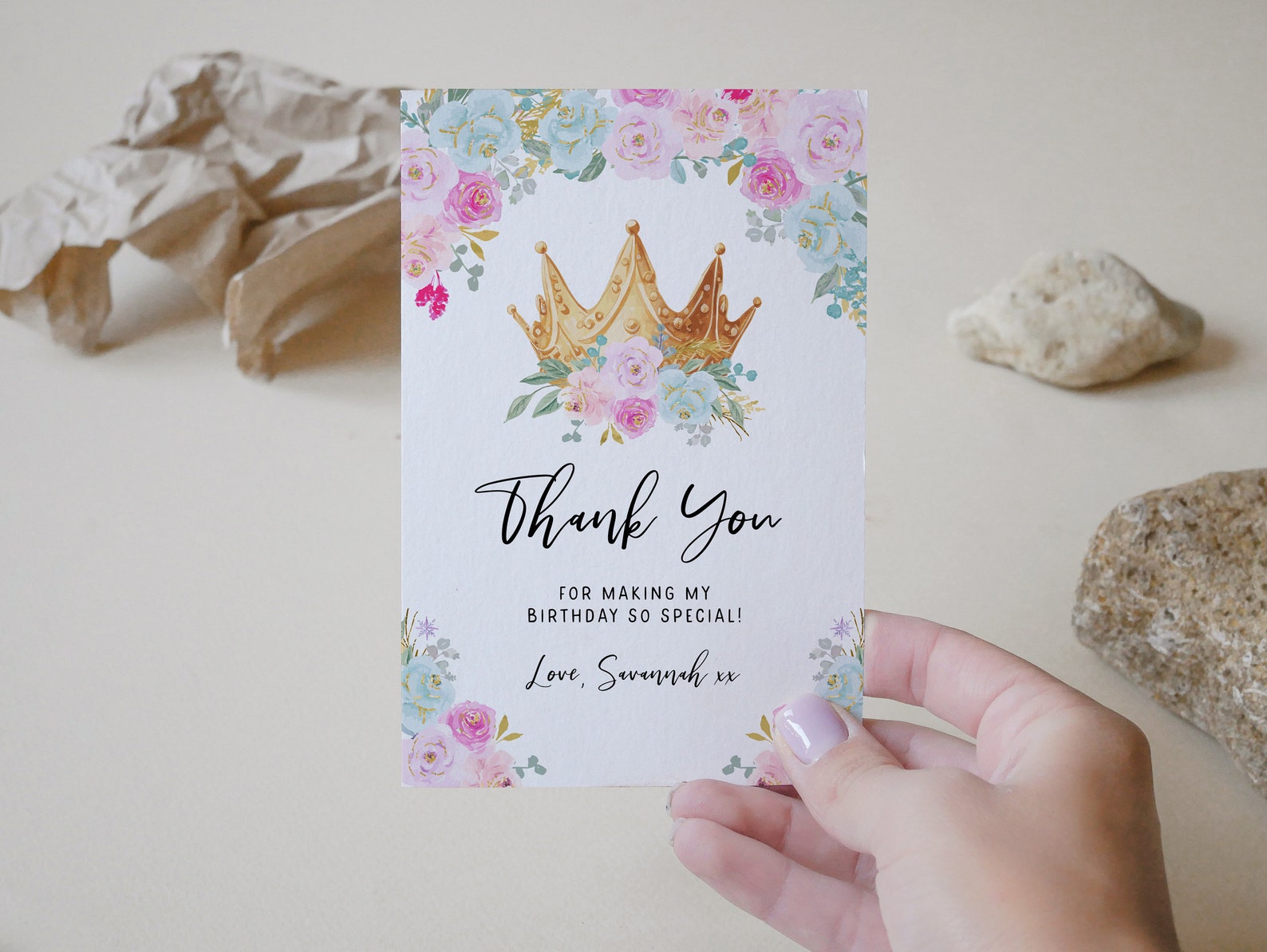 Editable Princess Thank You Card Template, Printable Pink Floral Gold ...