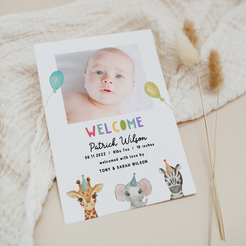 Editable Safari Animals Birth Announcement Template Instant - Etsy