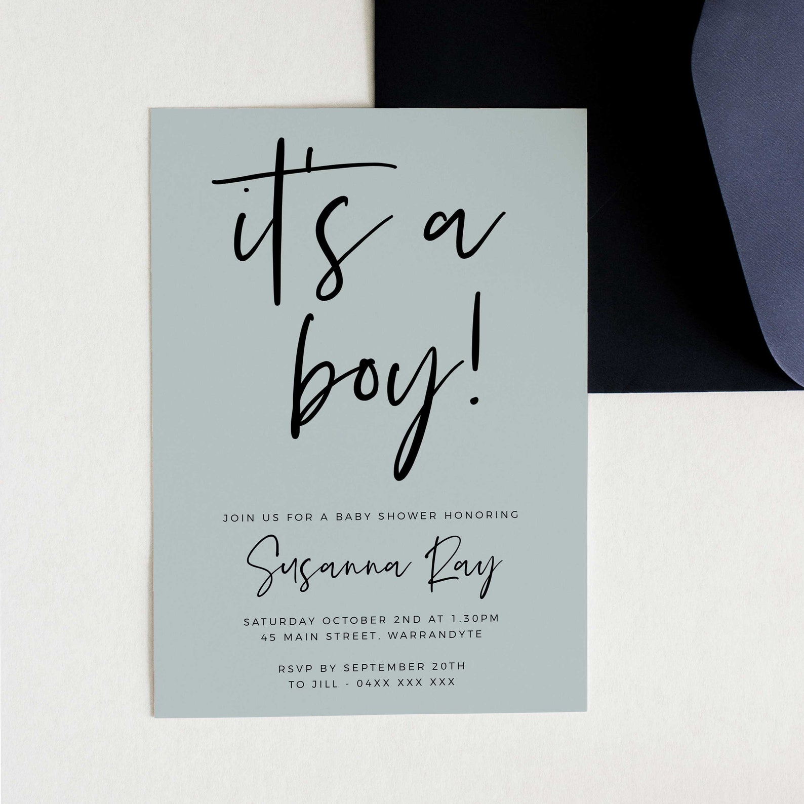 Blue Baby Shower Invitation INSTANT DOWNLOAD Template Minimalist Baby ...