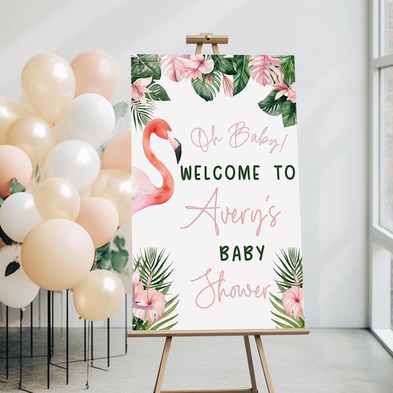 Flamingo Welcome Sign, Instant Download Editable Pink Tropical Baby ...