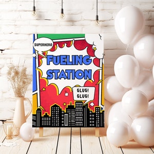 Superhero Sign, Fueling Station Kids Party Table Decor, Boys Comic Book ...
