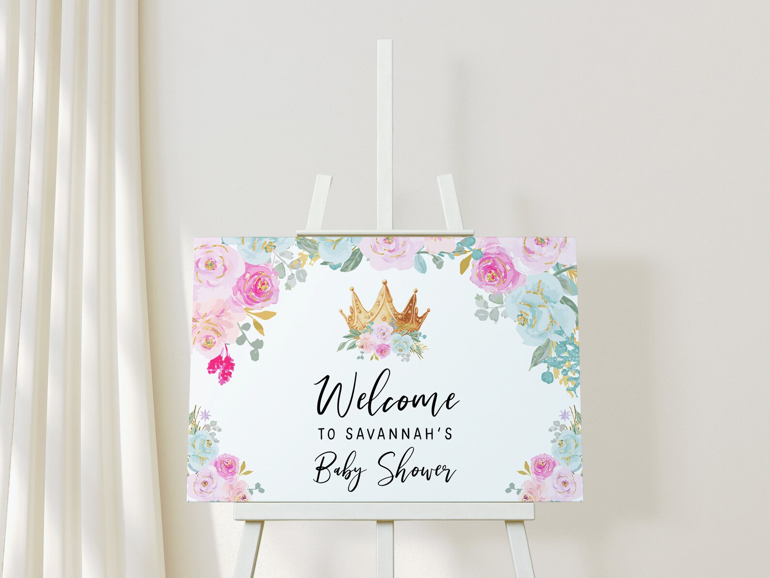 Editable Princess Baby Shower Welcome Sign, Pink Floral Gold Crown ...