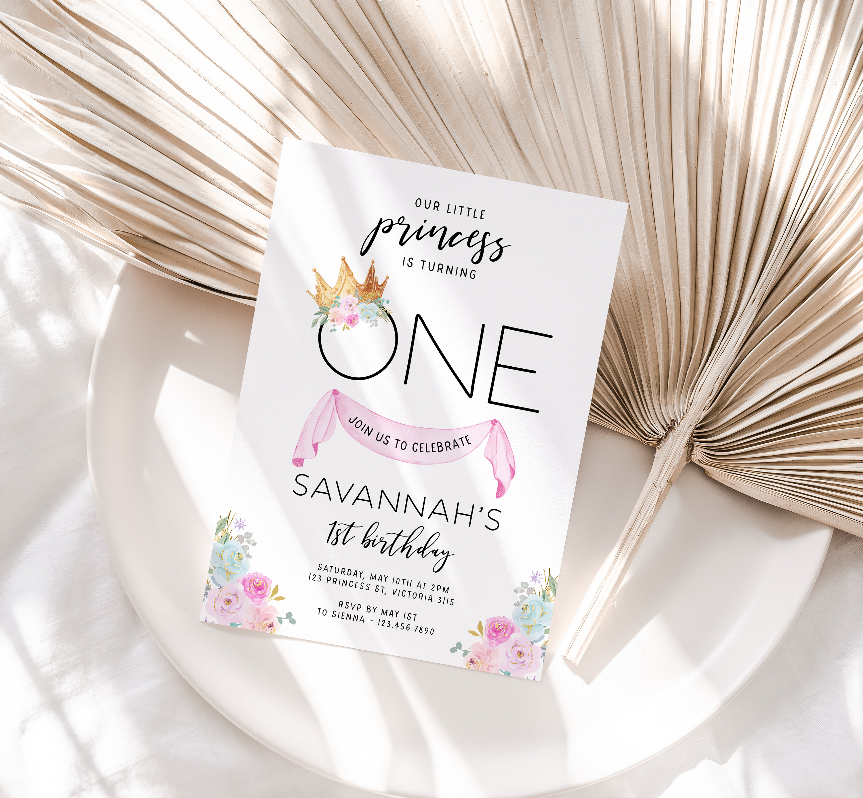 Princess 1st Birthday Invitation, Editable Princess Party Invitation ...