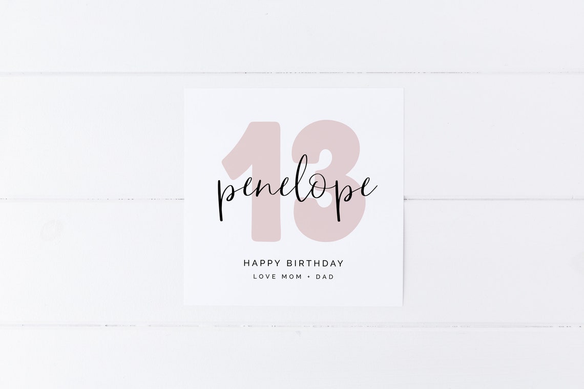 Pink 13th Birthday Card - Girl's Editable Modern Minimalist, DIY Square ...
