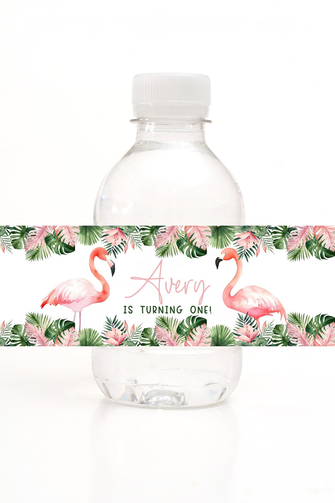 Pink Flamingo Water Bottle Labels, Editable Tropical Leaf Wrap, Instant ...
