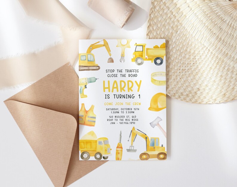 Construction Birthday Invitation, Editable Template Printable Instant ...