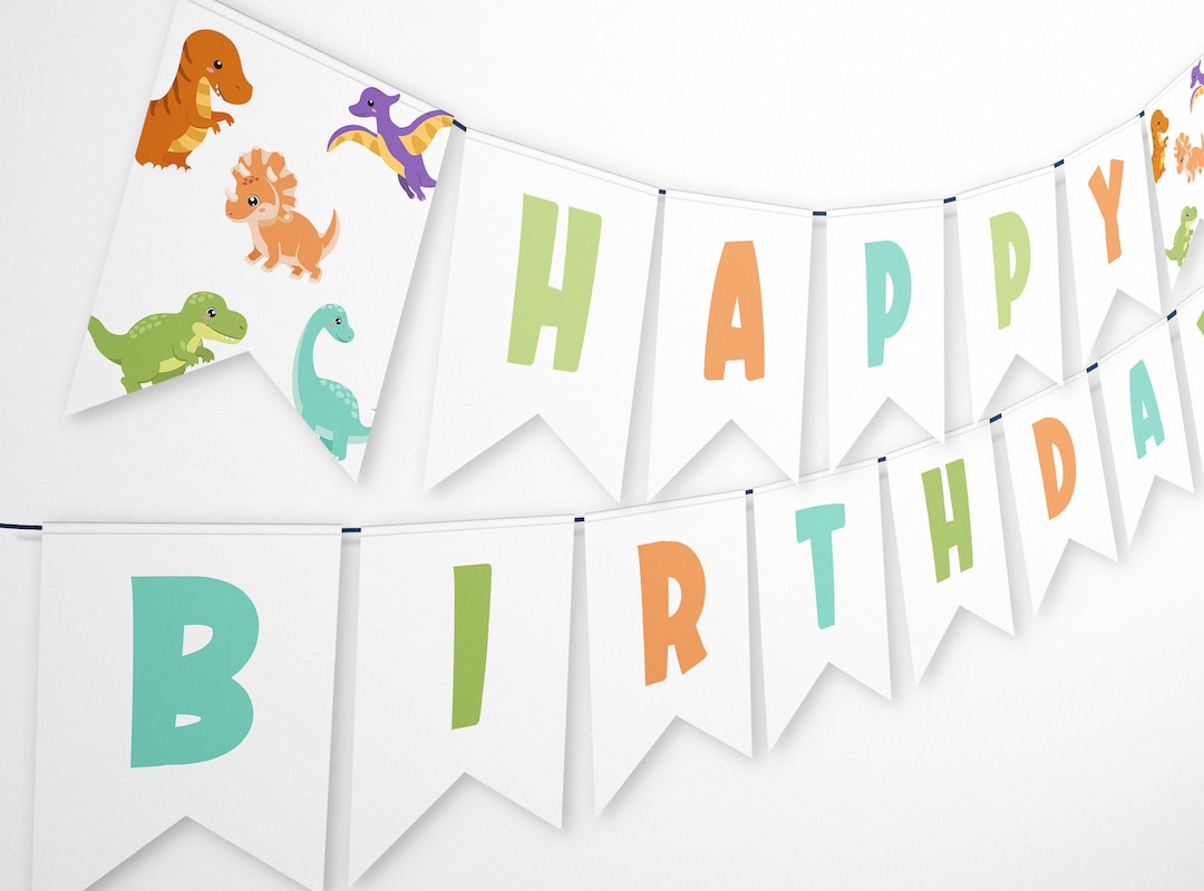 Happy Birthday Banner, Boy Dinosaur Birthday Banner Template Dino Decor ...