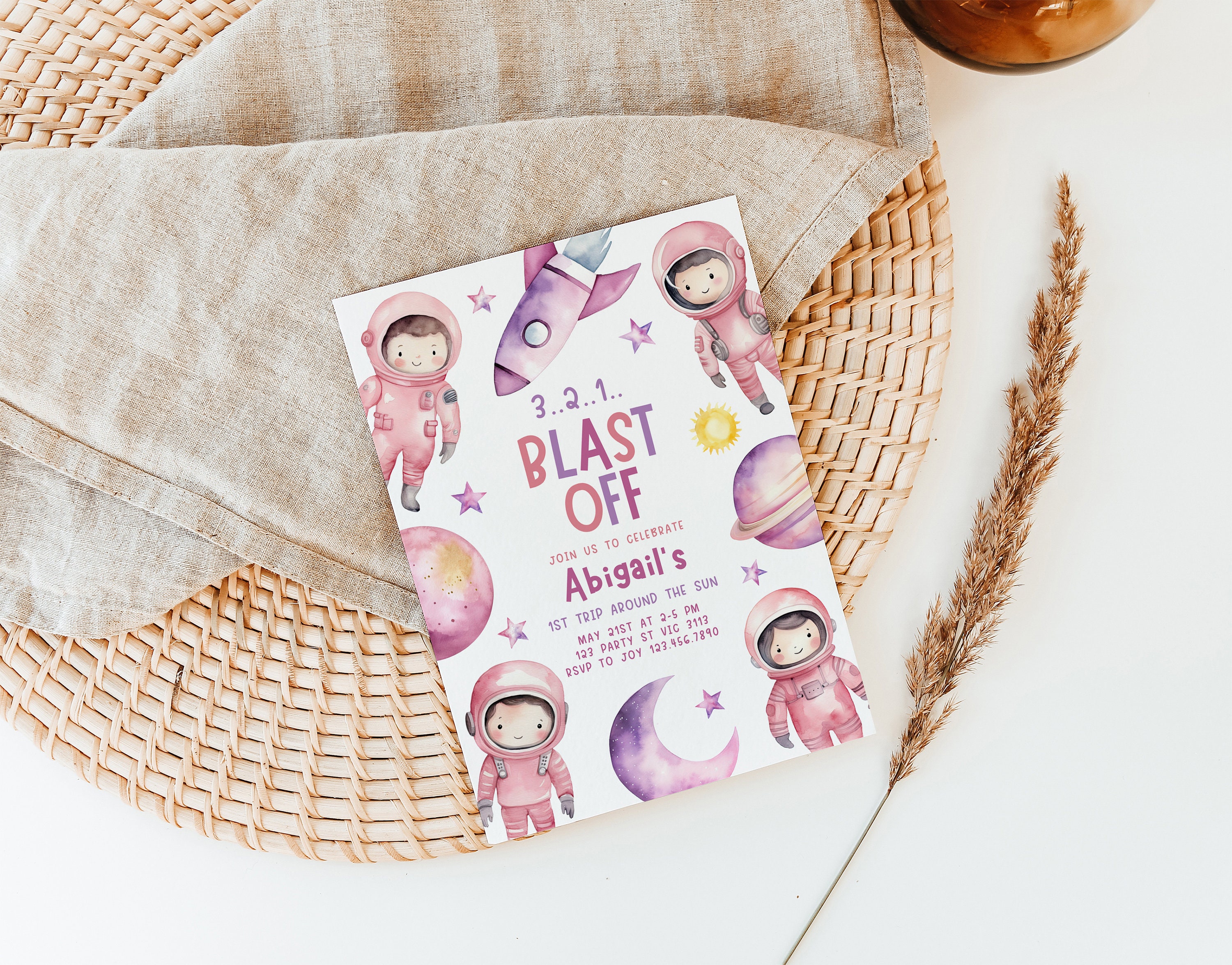 Astronaut Birthday Invitation, Blast off Pink Outer Space Girl Editable ...