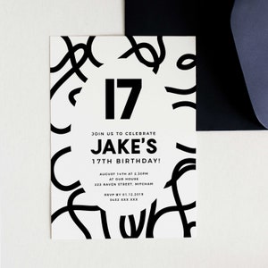 Editable Black & White 17th Birthday Party Invitation Download ...