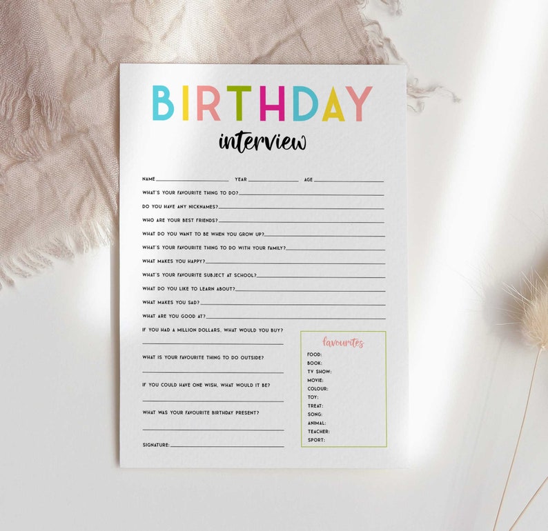 Birthday Interview Printable Template, Kids Bday Questions, Rainbow ...