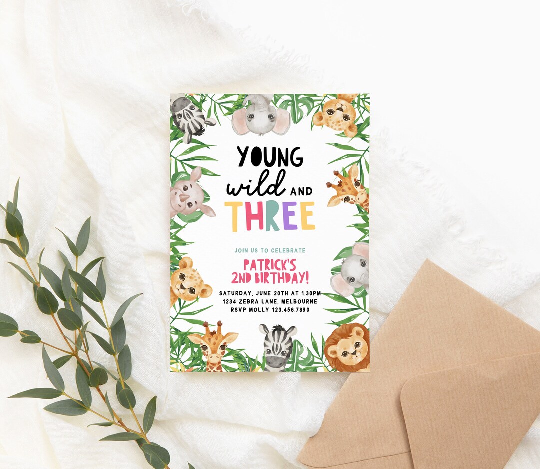 Editable Young Wild and Three Invitation Boy or Girl Safari Animals Zoo ...