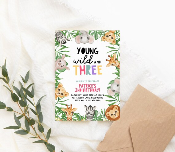 Editable Young Wild and Three Invitation Boy or Girl Safari - Etsy ...