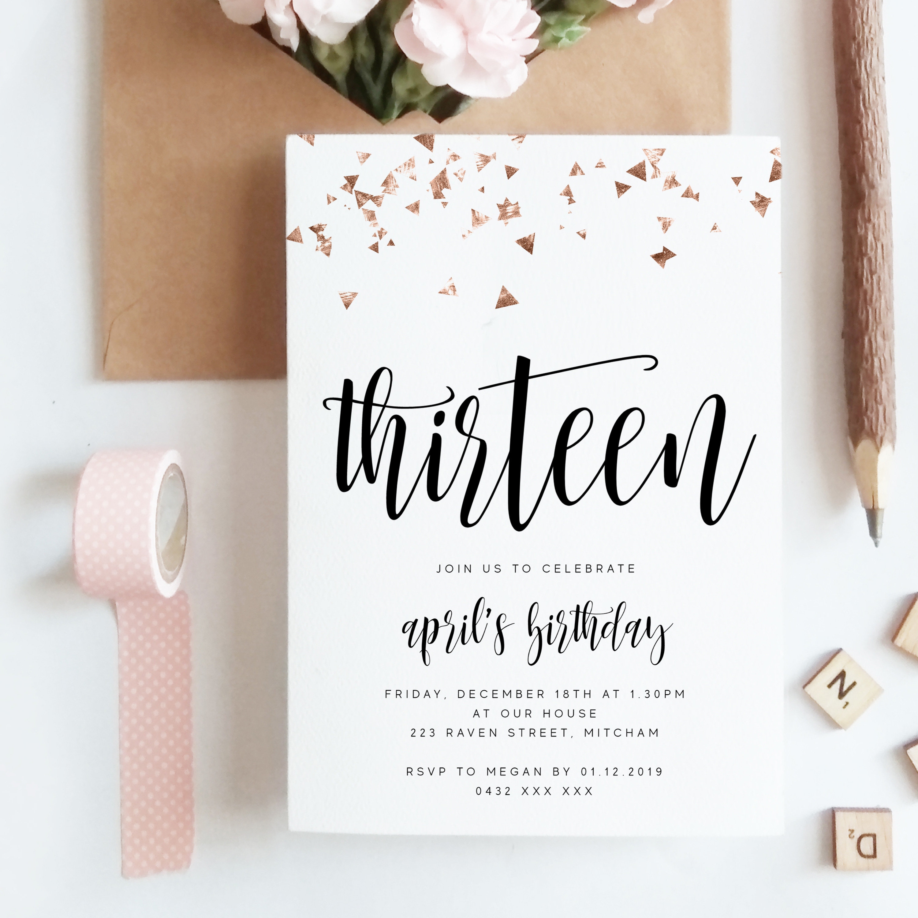 Editable Rose Gold 13th Birthday Party Invitation Download Printable ...