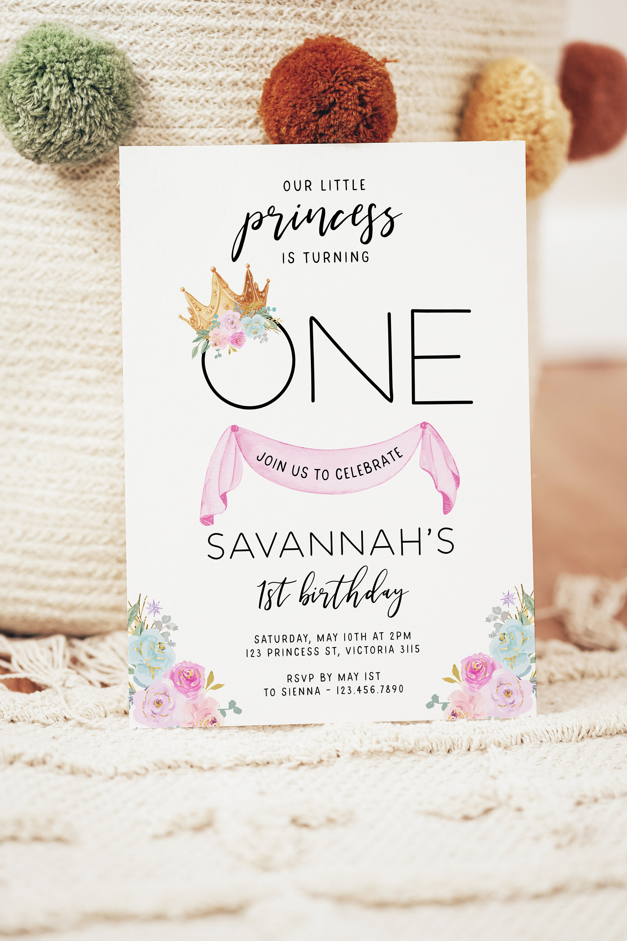 Princess 1st Birthday Invitation, Editable Princess Party Invitation ...