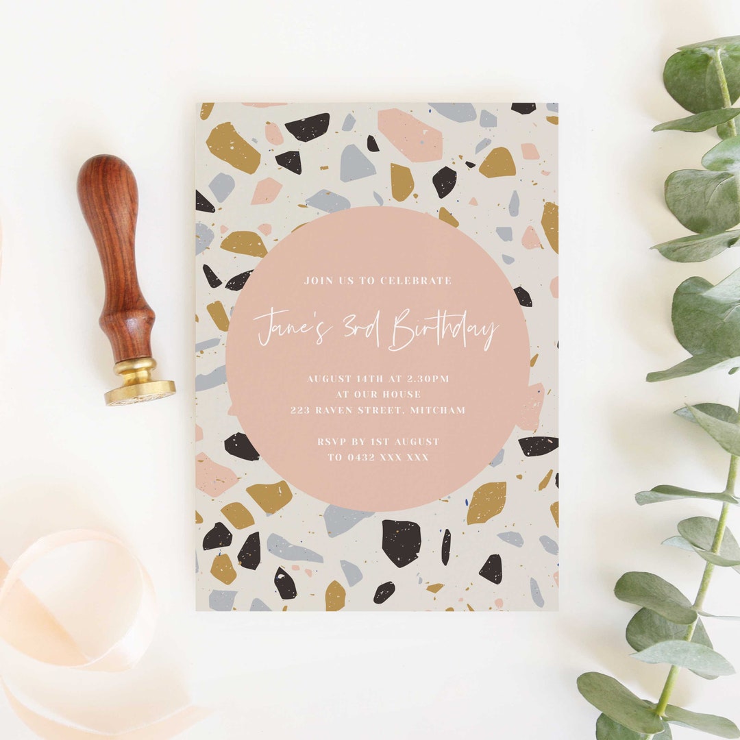 Editable Terrazzo 3rd Birthday Party Invitation Download Printable ...