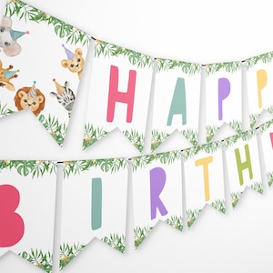 Happy Birthday Banner Garland Template, Safari Animals Pink Wild One ...