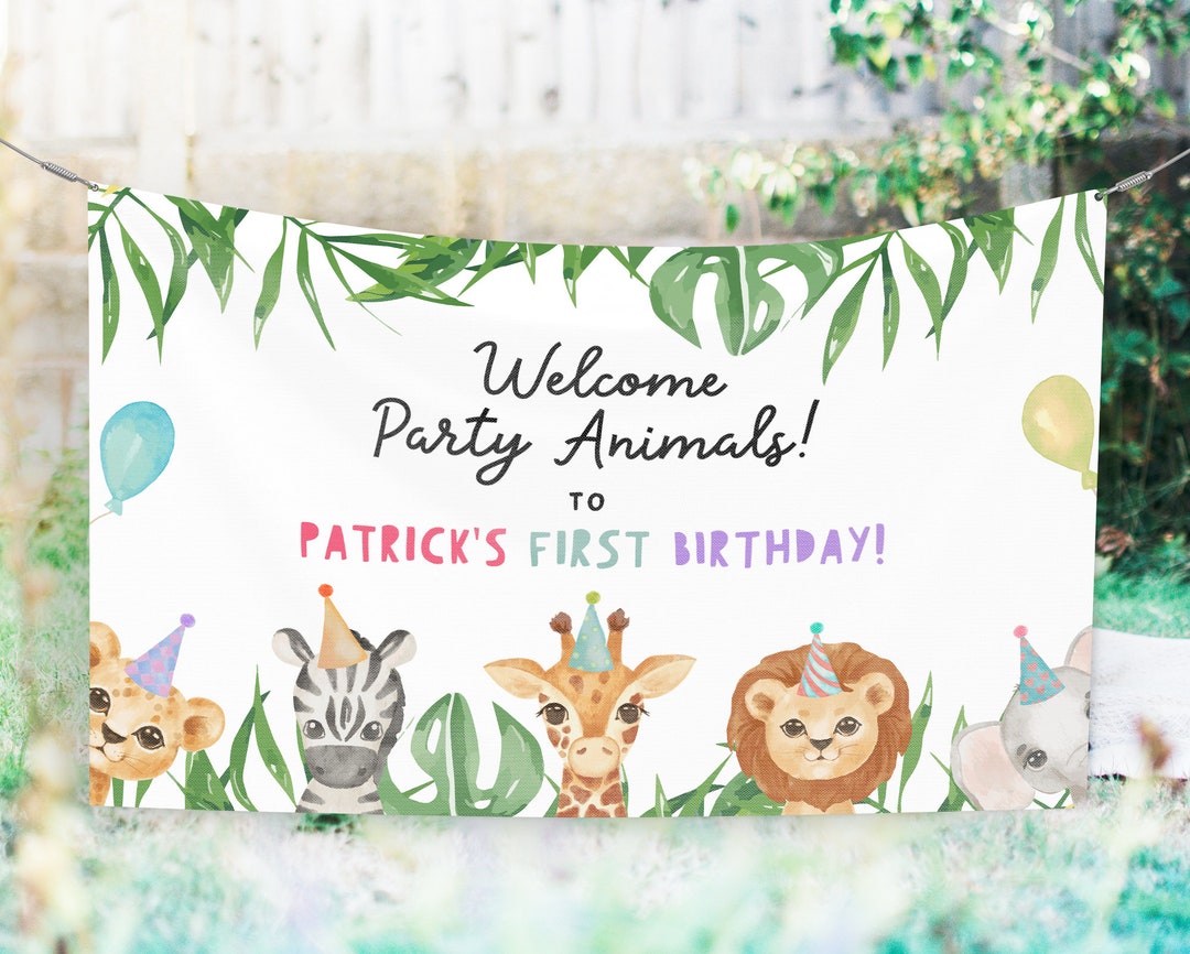Editable Party Animals Birthday Backdrop Banner, Safari Animals Welcome ...