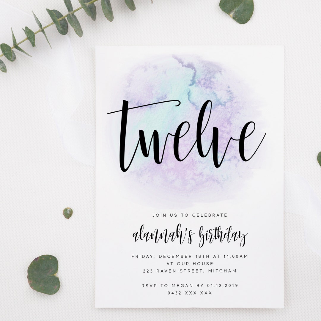 Editable Watercolour 12th Birthday Party Invitation Download Printable ...