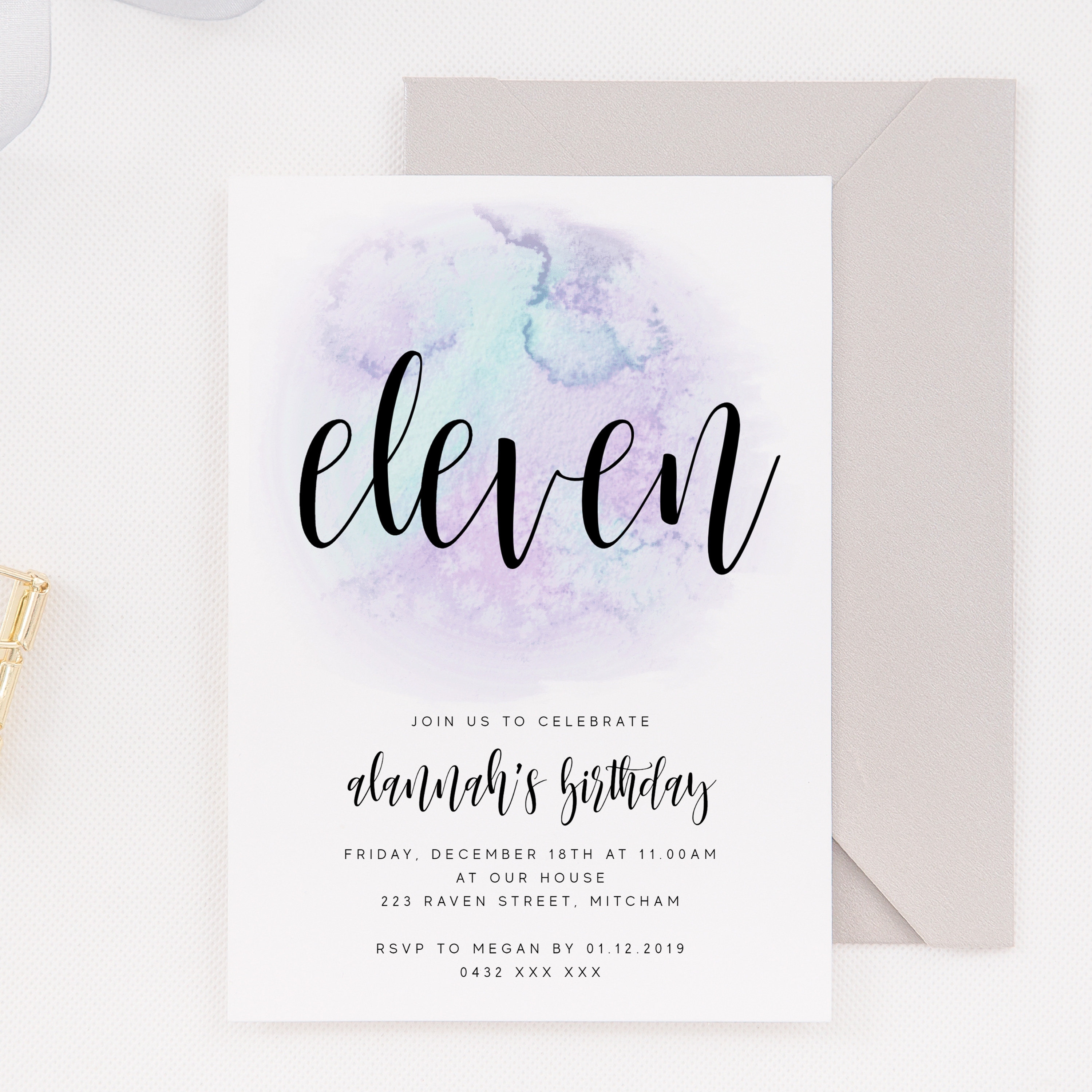 Editable Watercolour 11th Birthday Party Invitation Download Printable ...