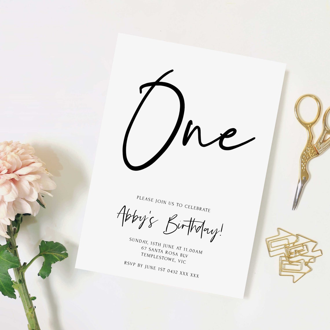 1st Birthday Invitation, Modern Minimalist Simple Script Gender Neutral ...