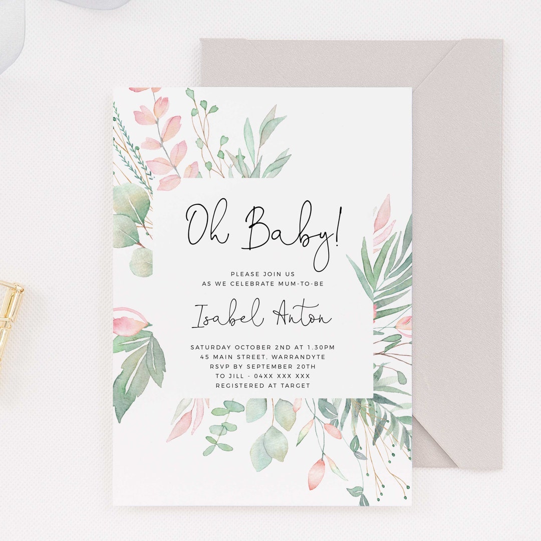Greenery Baby Shower Invitation INSTANT DOWNLOAD Template Leaf Baby ...