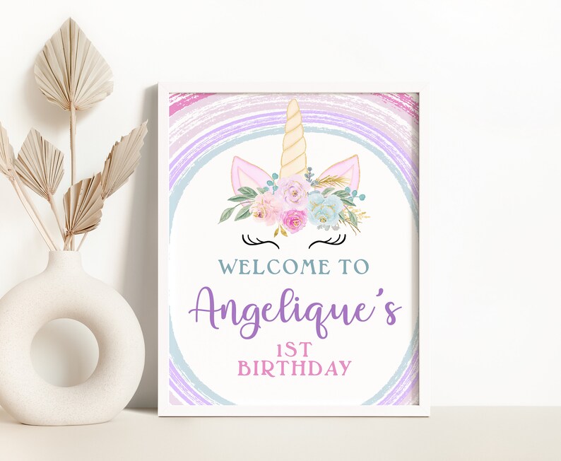 Rainbow Unicorn 1st Birthday Sign, Editable Printable Template Welcome ...
