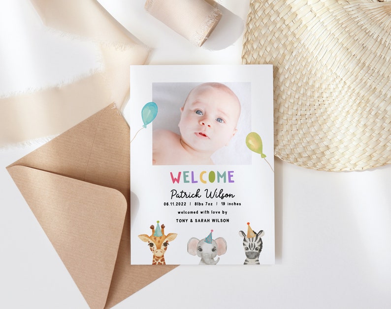Editable Safari Animals Birth Announcement Template Instant - Etsy