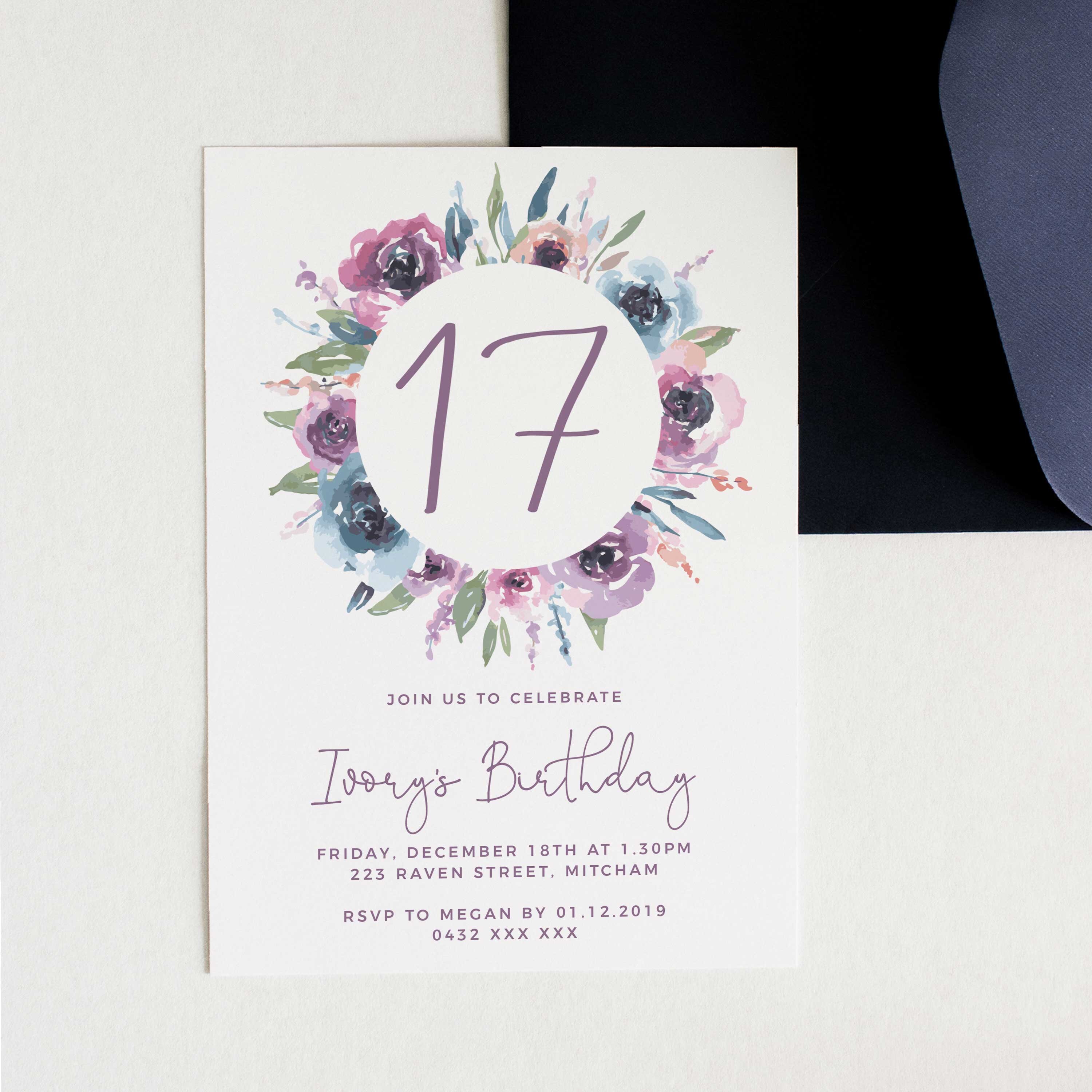 Editable Floral 17th Birthday Party Invitation Download - Etsy