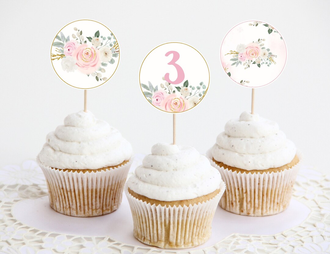 Editable Cupcake Topper Template, Blush Pink Gold Floral Baby Shower or ...