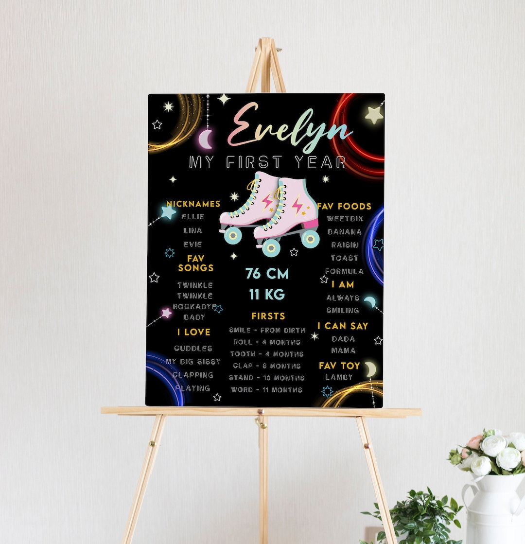 1st Birthday Milestone Sign, Retro Galaxy Roller Skate Keepsake ...