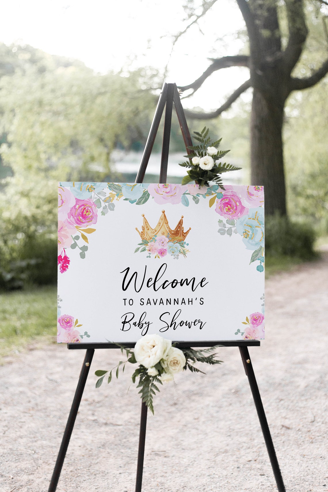 Editable Princess Baby Shower Welcome Sign, Pink Floral Gold Crown ...