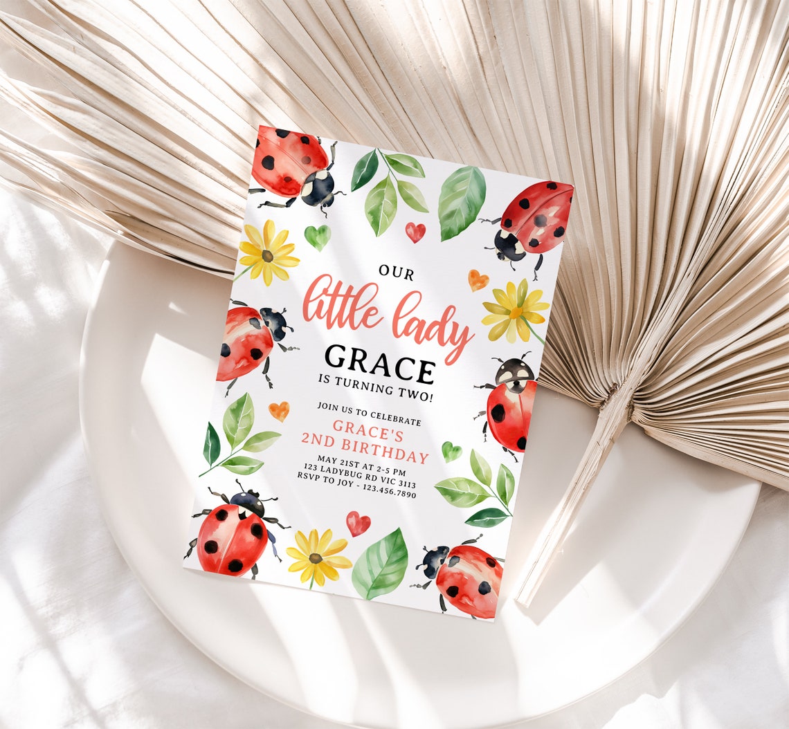 Ladybug Birthday Invitation for Girls, Editable Ladybird Greenery ...