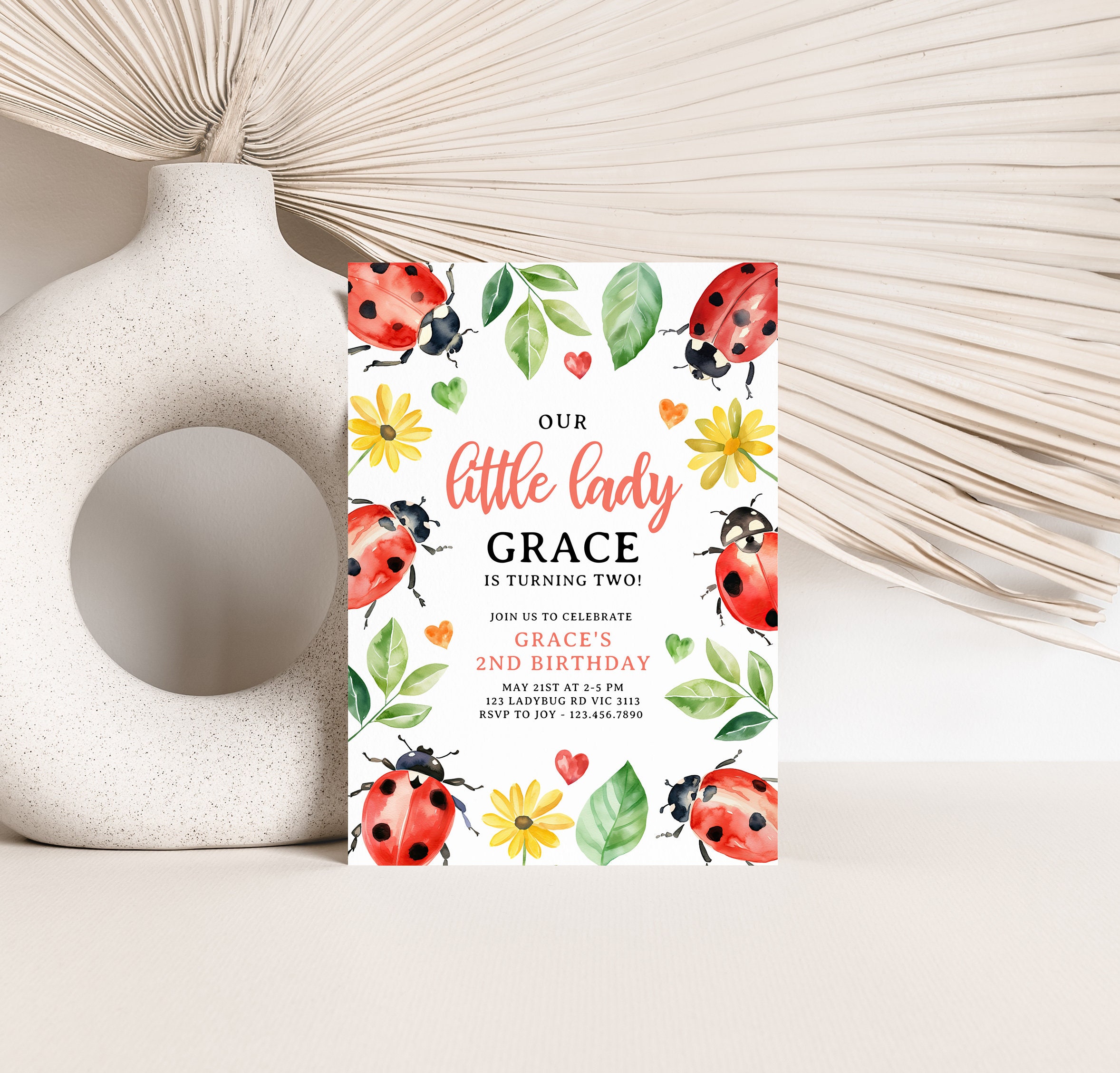 Ladybug Birthday Invitation for Girls, Editable Ladybird Greenery ...