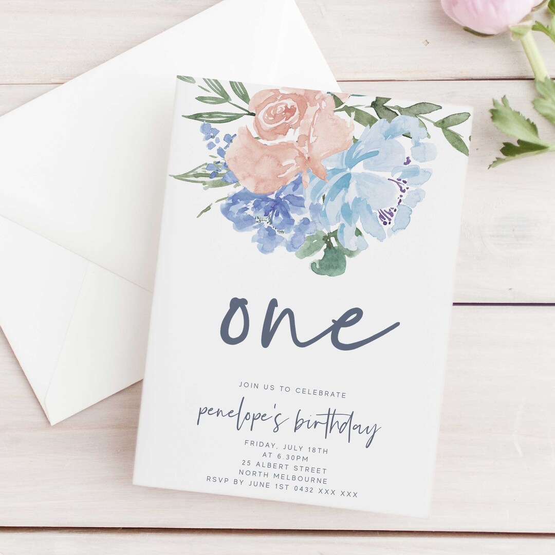 Modern Birthday Invitation, Peach Blue Floral Script Watercolor ...