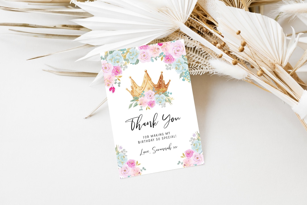 Editable Princess Thank You Card Template, Printable Pink Floral Gold ...