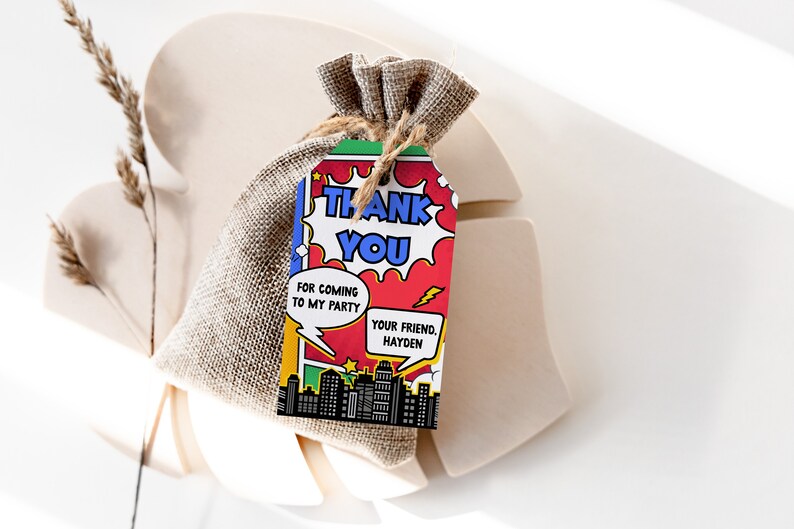 Thank You Tags, Editable Superhero Comic Book Gift Favor Tags, Kids ...