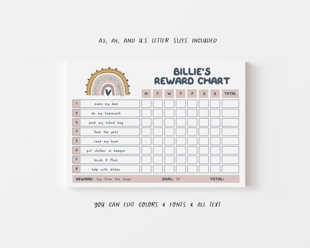 EDITABLE Rainbow Reward Chart Template, Daily Chore Chart Printable ...
