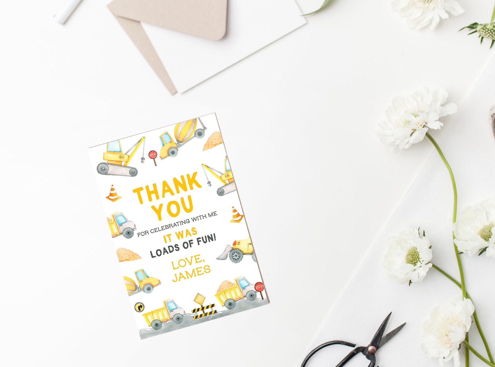 Construction Thank You Card Template, Excavator Dump Truck Digger, Boys ...