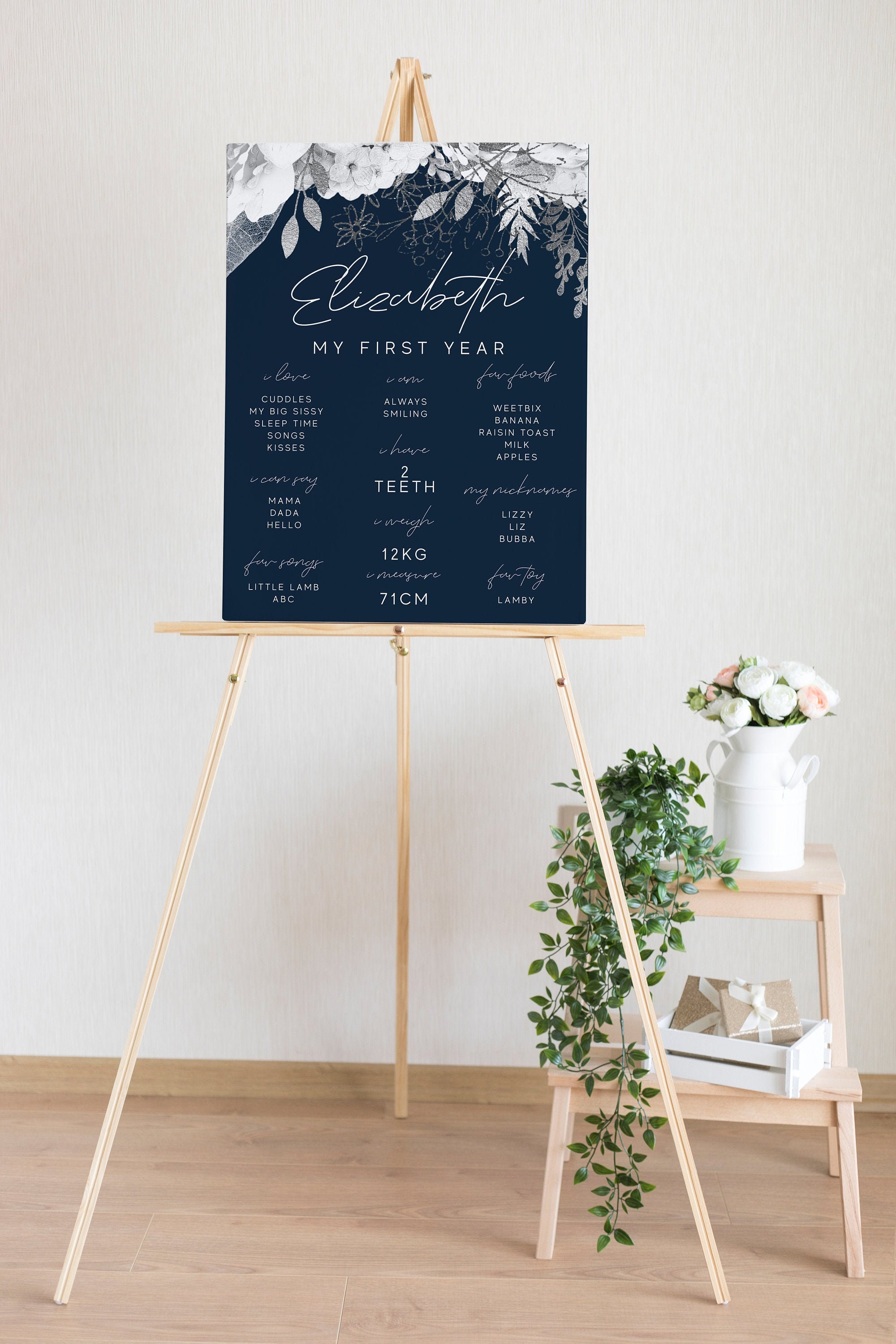 Navy Blue Milestone Poster, Silver Floral Elegant 1st Birthday Keepsake ...