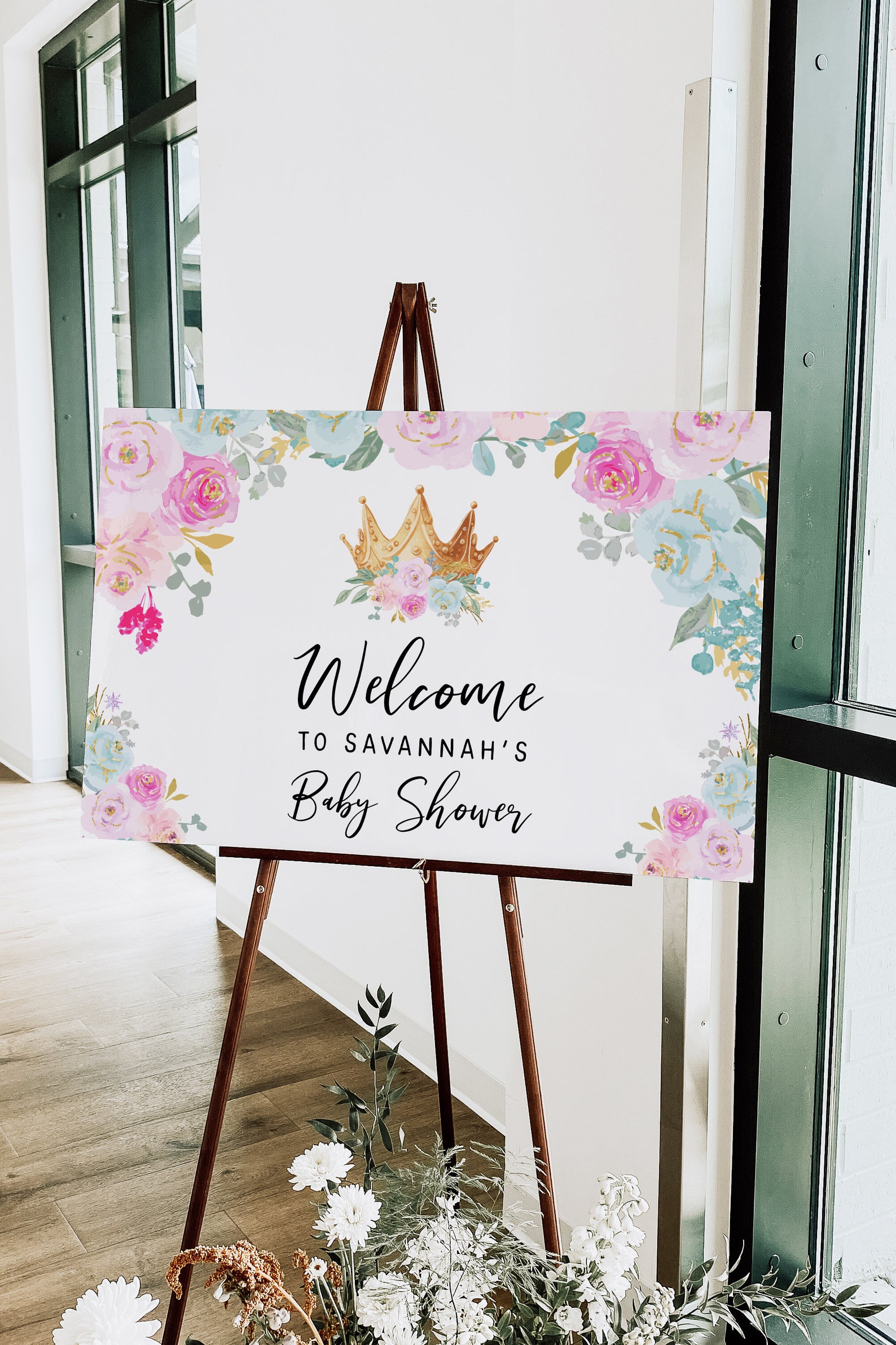 Editable Princess Baby Shower Welcome Sign, Pink Floral Gold Crown ...