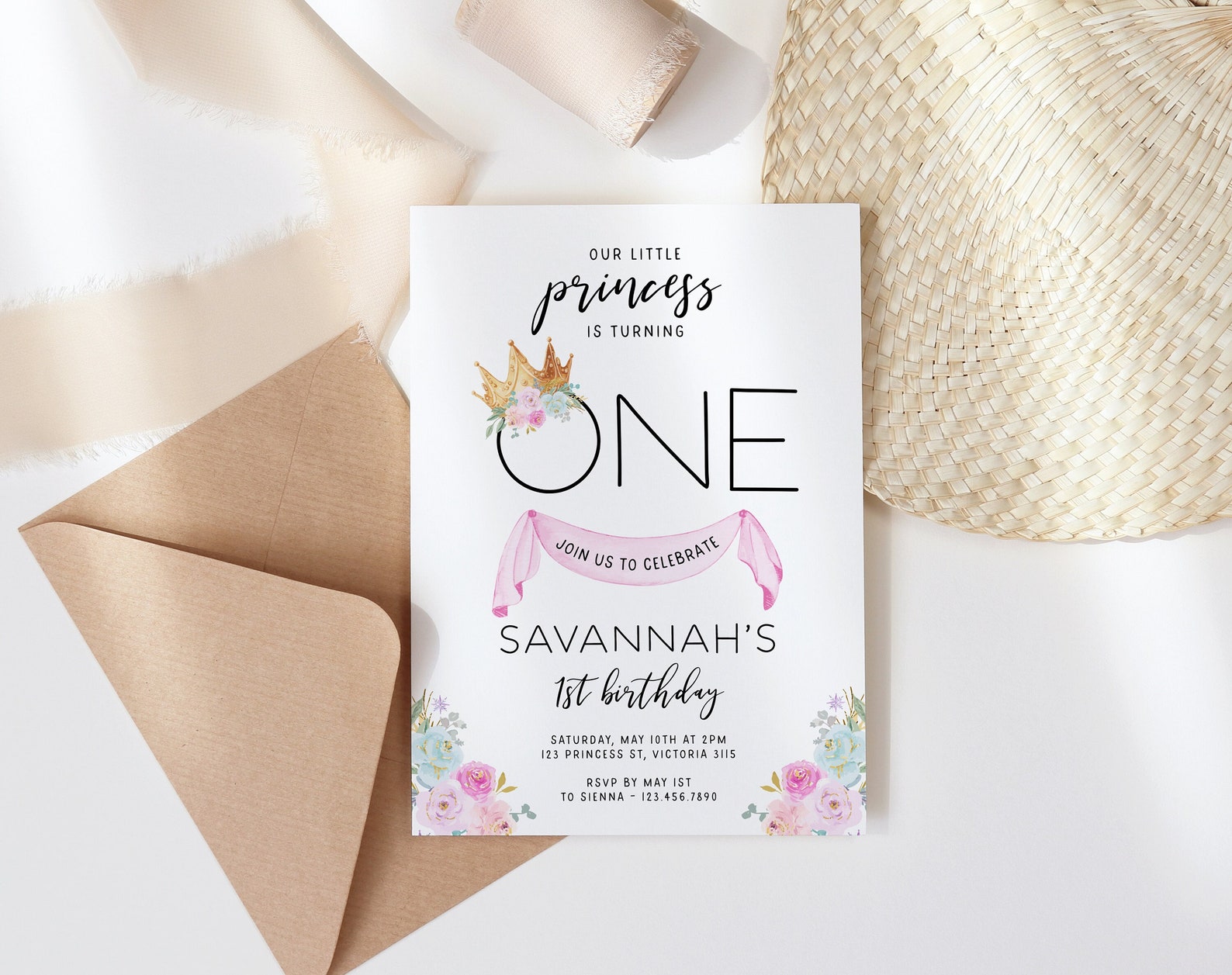 Princess 1st Birthday Invitation, Editable Princess Party Invitation ...