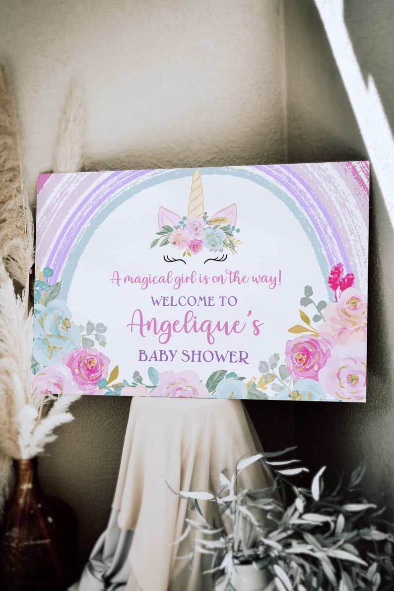 Baby Shower Welcome Sign, Rainbow Unicorn Floral Pink & Purple Editable ...