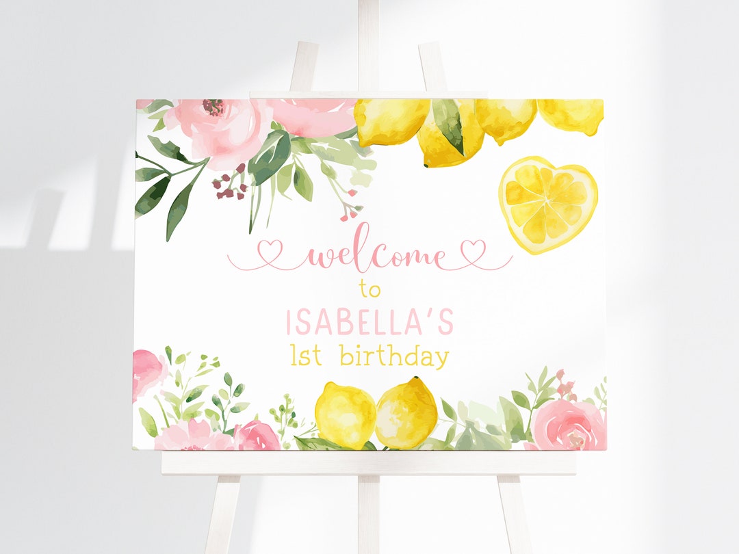 Lemon Floral Welcome Sign, Spring Summer Girls Birthday Editable ...