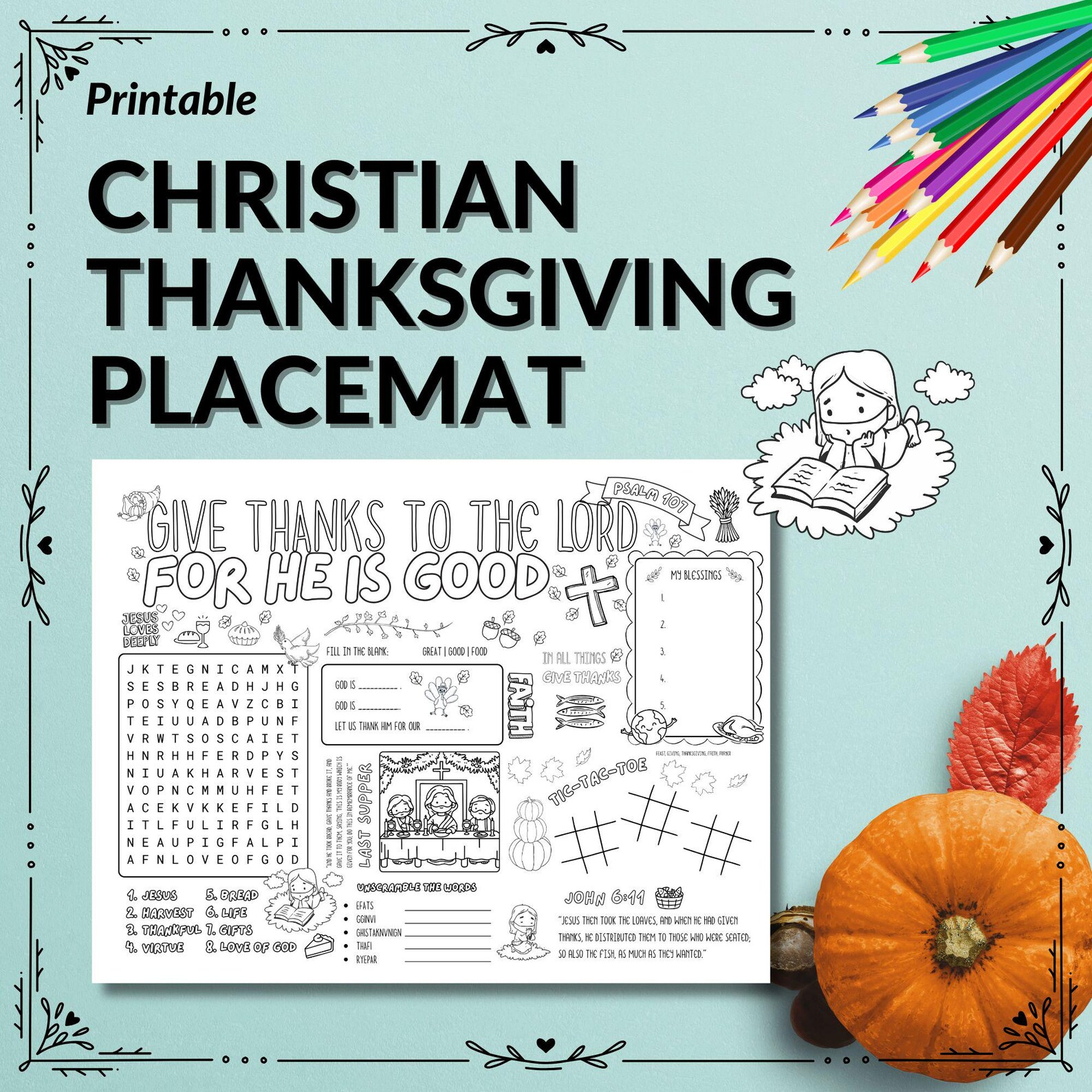 Christian Thanksgiving Coloring Printable Placemat With Religious Word ...