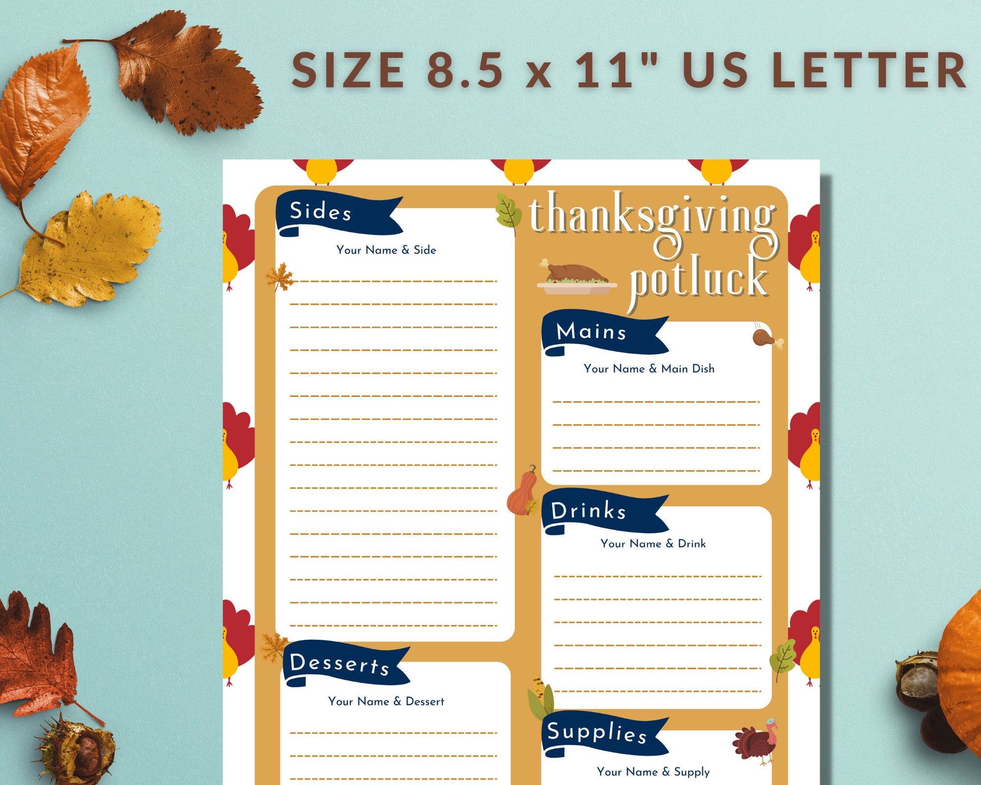 Thanksgiving Potluck Editable Sign up Sheet Template Printable PDF ...