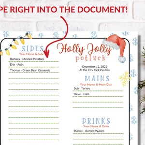 Potluck Sign up Sheet Editable Holiday Christmas Template Printable PDF ...