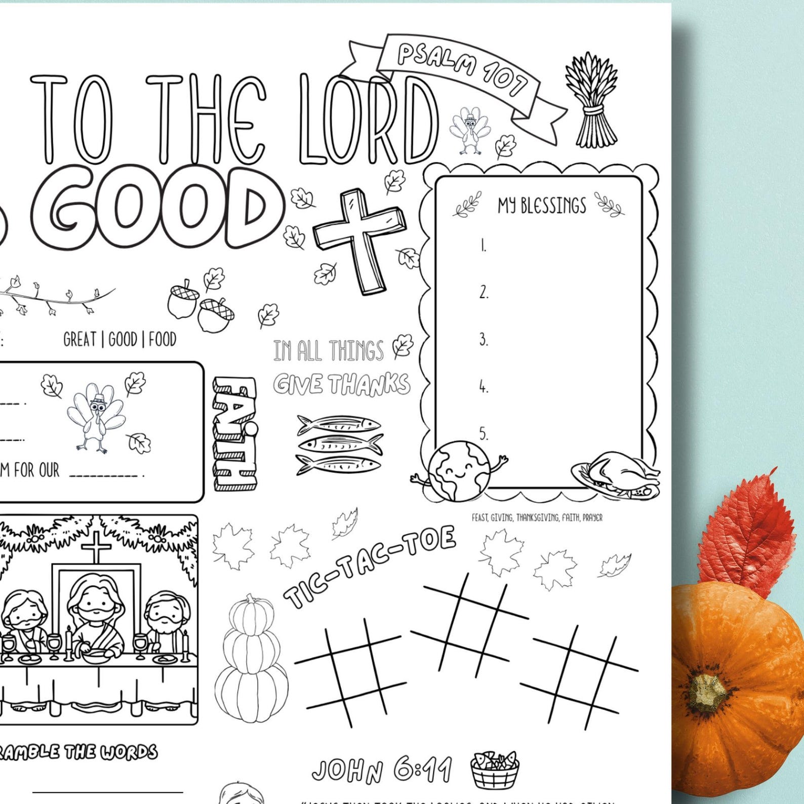 Christian Thanksgiving Coloring Printable Placemat With Religious Word ...