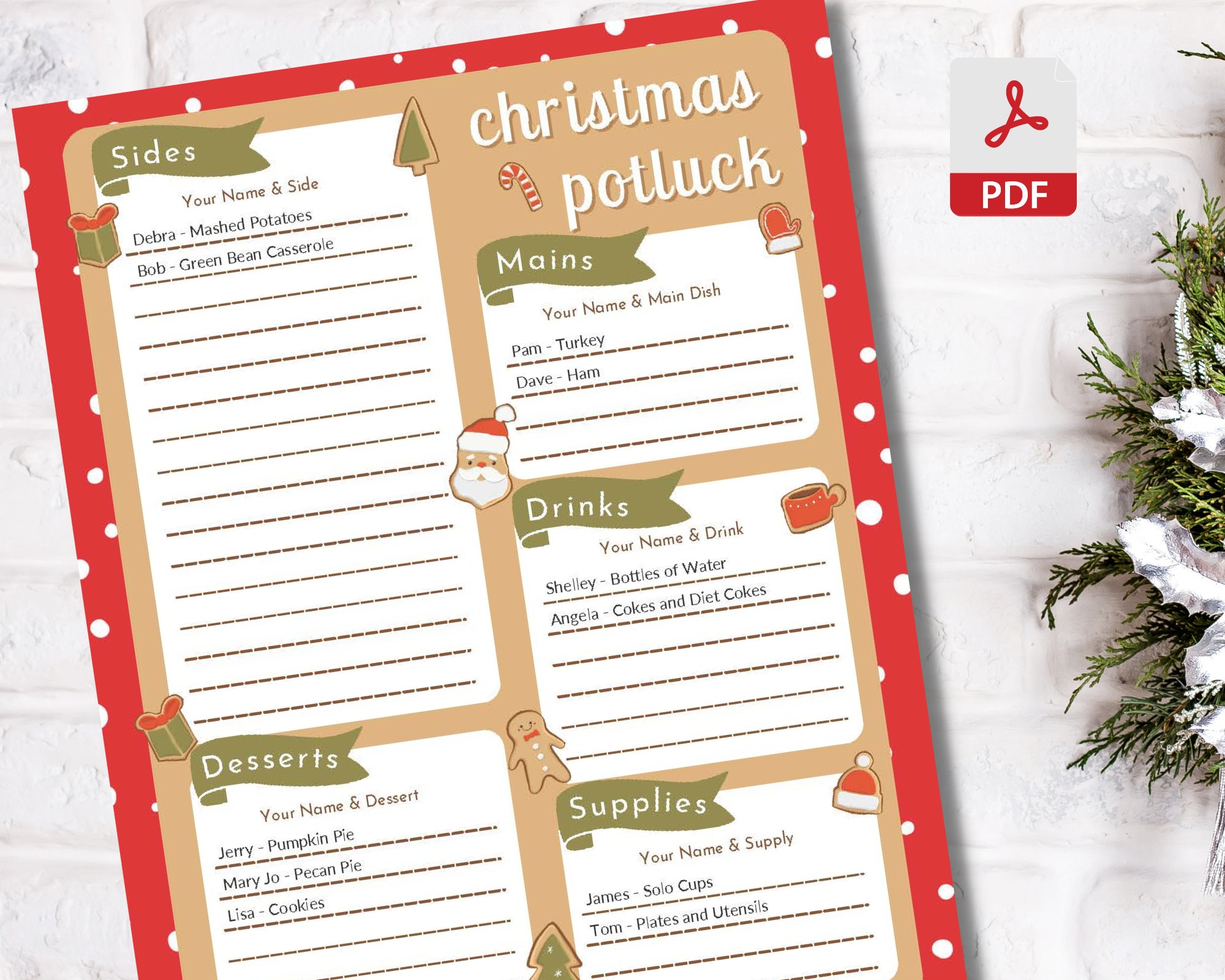 Christmas Potluck Sign up Sheet Editable Template Printable PDF Digital ...