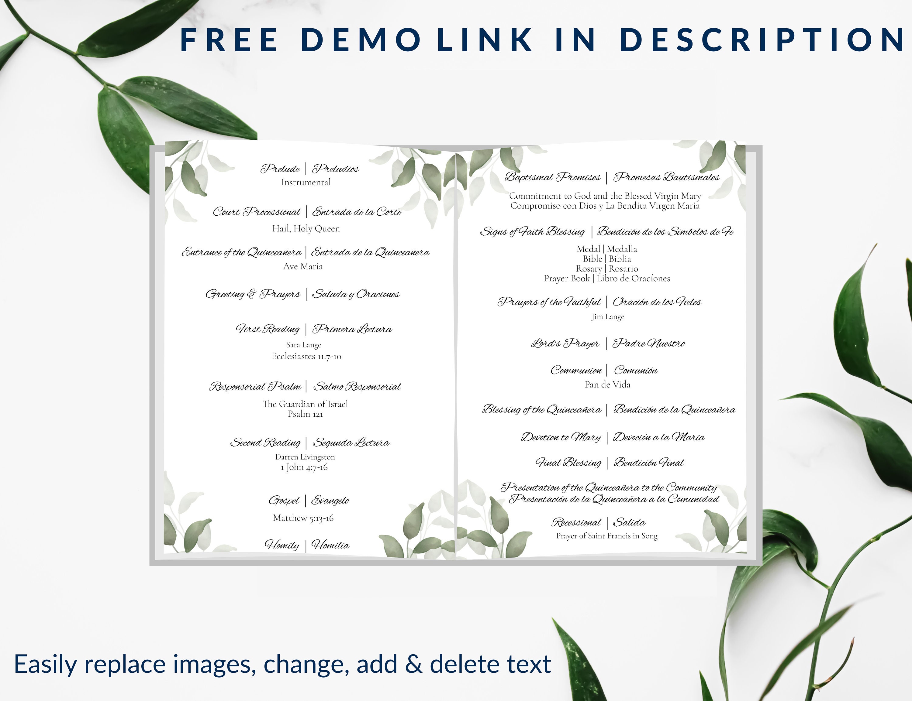 Quinceañera Program Template Catholic Mass Service in Spanish English ...