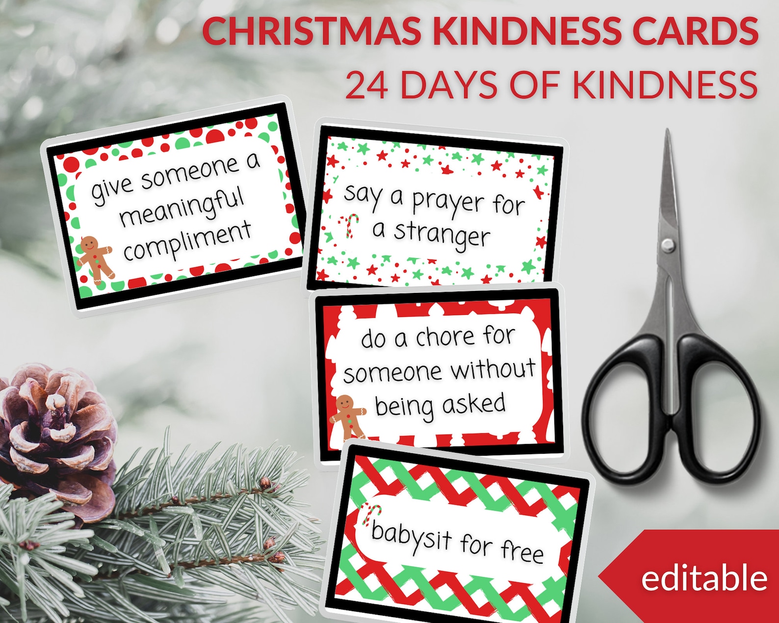 Christmas Kindness Cards, DIY Advent, Editable PDF, Advent Calendar Kit ...